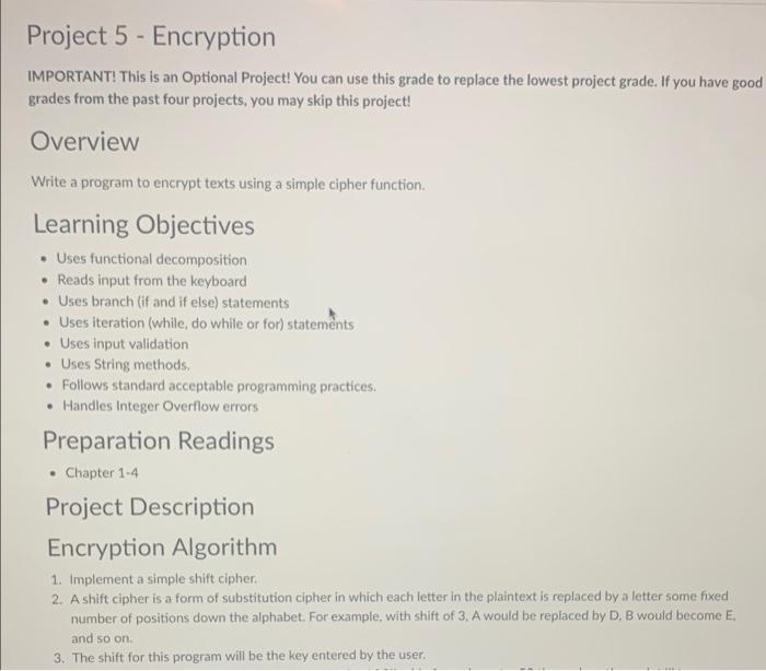 Solved Project 5 - Encryption IMPORTANT! This is an Optional | Chegg.com