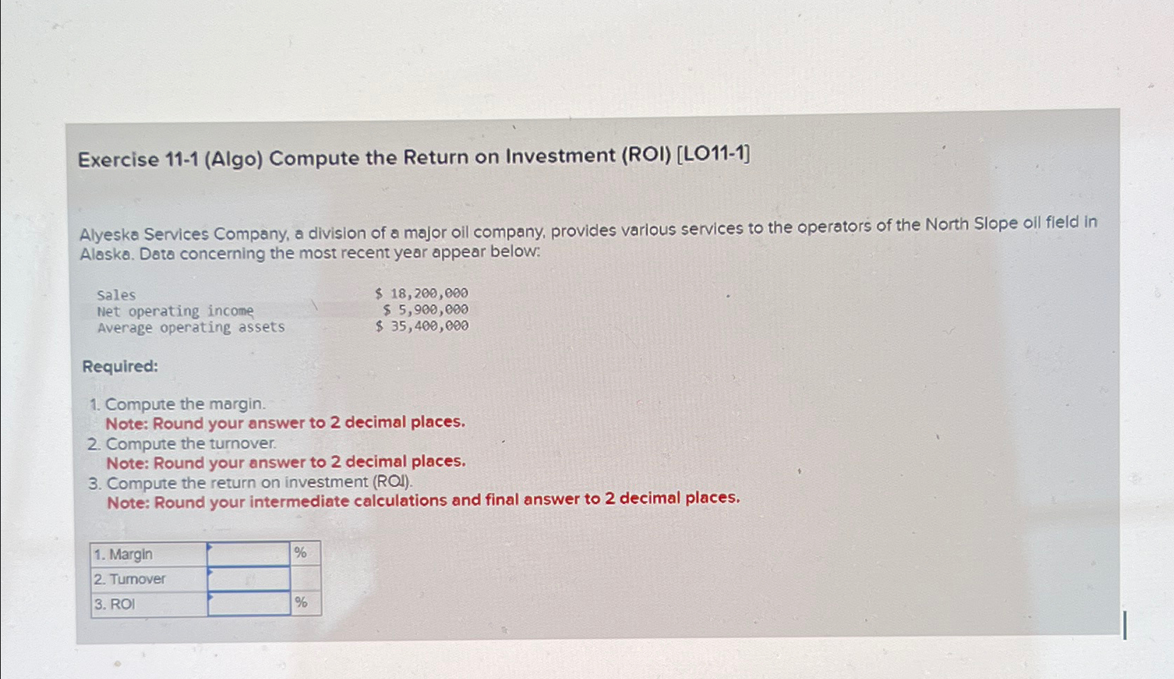 Solved Exercise 11-1 (Algo) ﻿Compute the Return on | Chegg.com