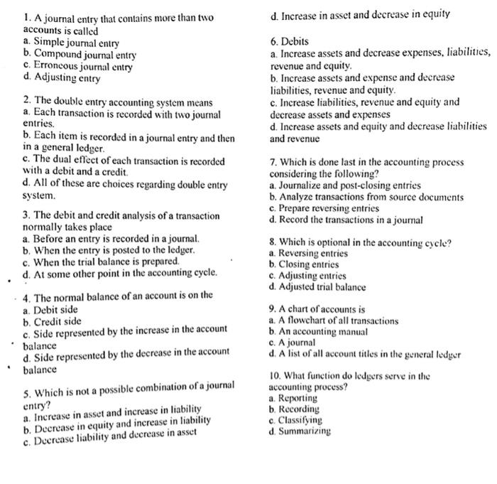 Solved d. Increase in asset and decrease in equity 1. A | Chegg.com