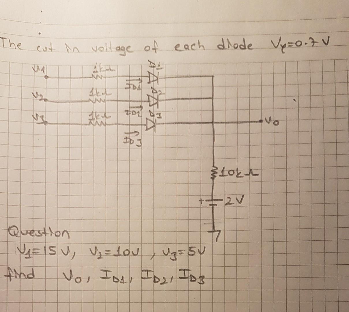 Solved The cut in voltage of each diode Vy=0.7 V | Chegg.com
