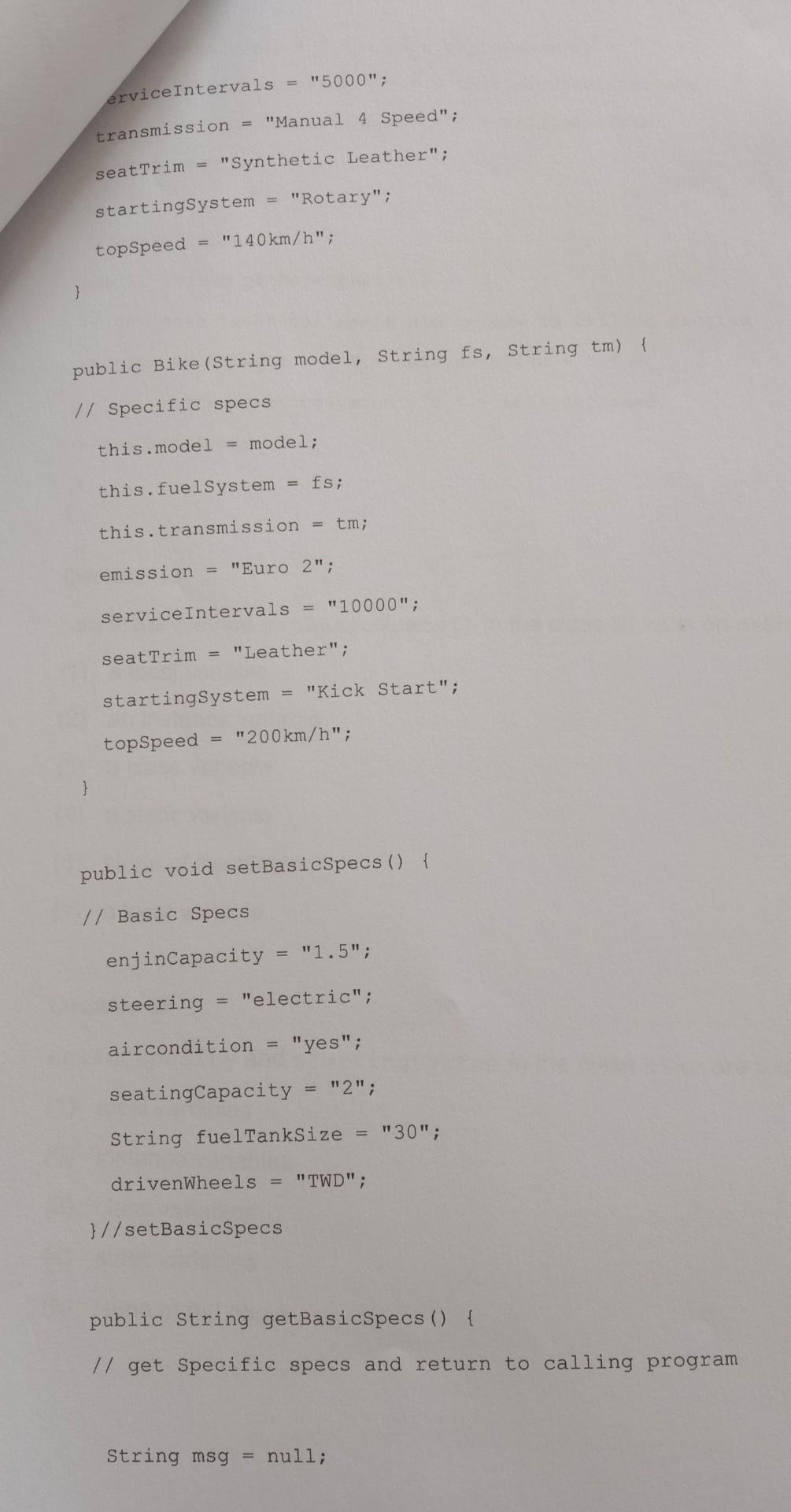 Solved msg in the method getBasicSpecs () in the class Bike | Chegg.com
