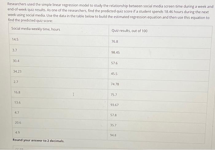 Solved Researchers used the simple linear regression model | Chegg.com