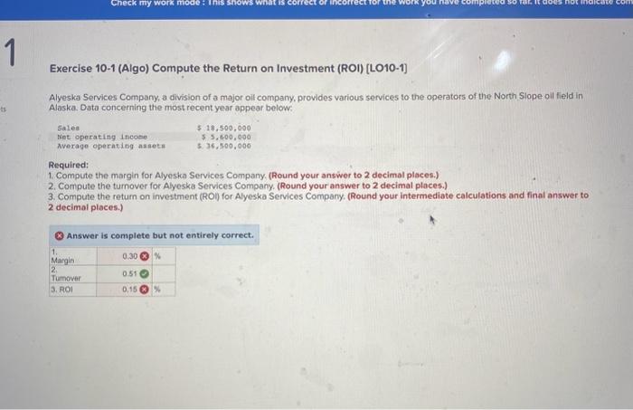 Solved Exercise 10-1 (Algo) Compute the Return on Investment | Chegg.com