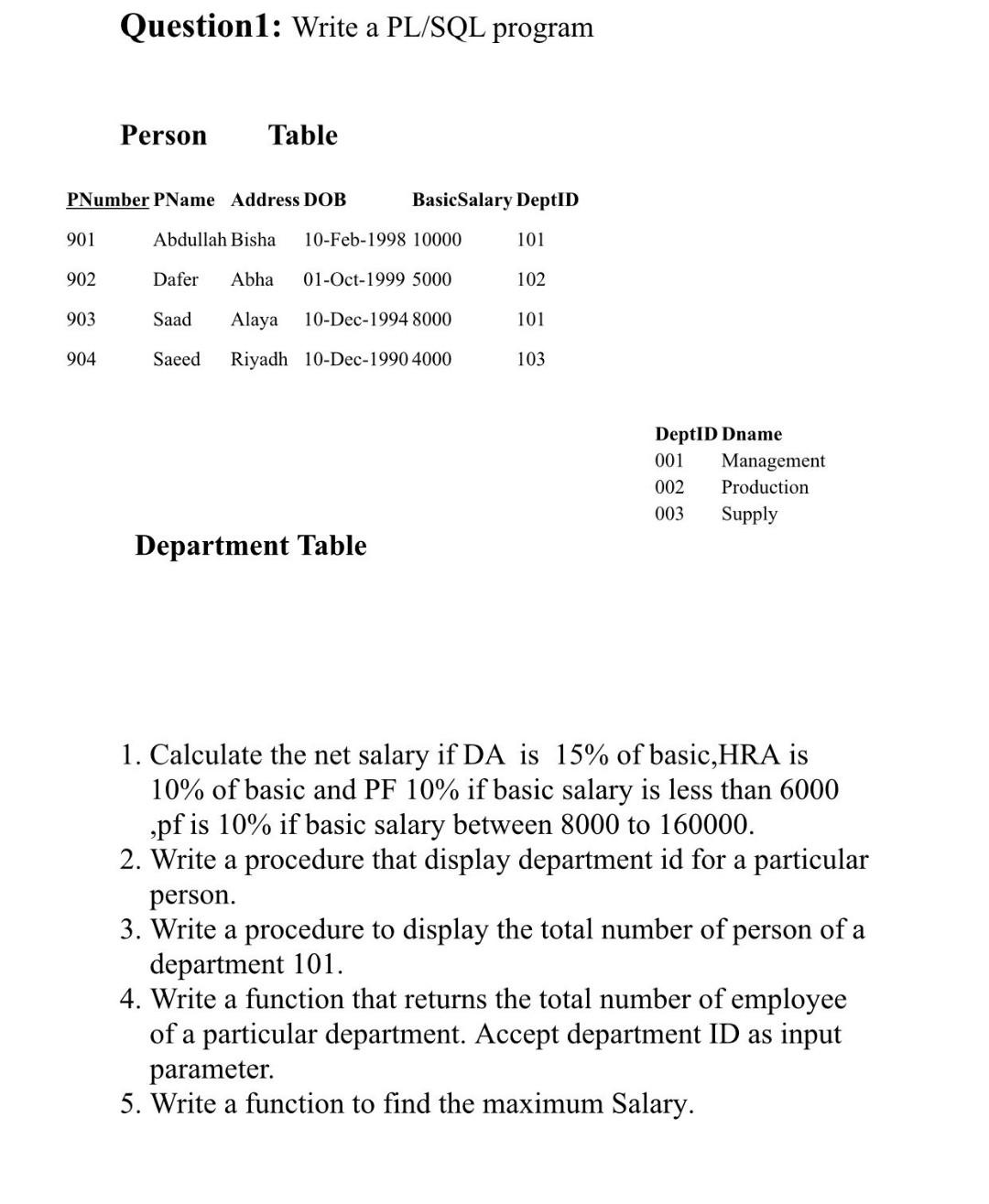 Solved Question1: Write a PL/SQL program Person Table | Chegg.com