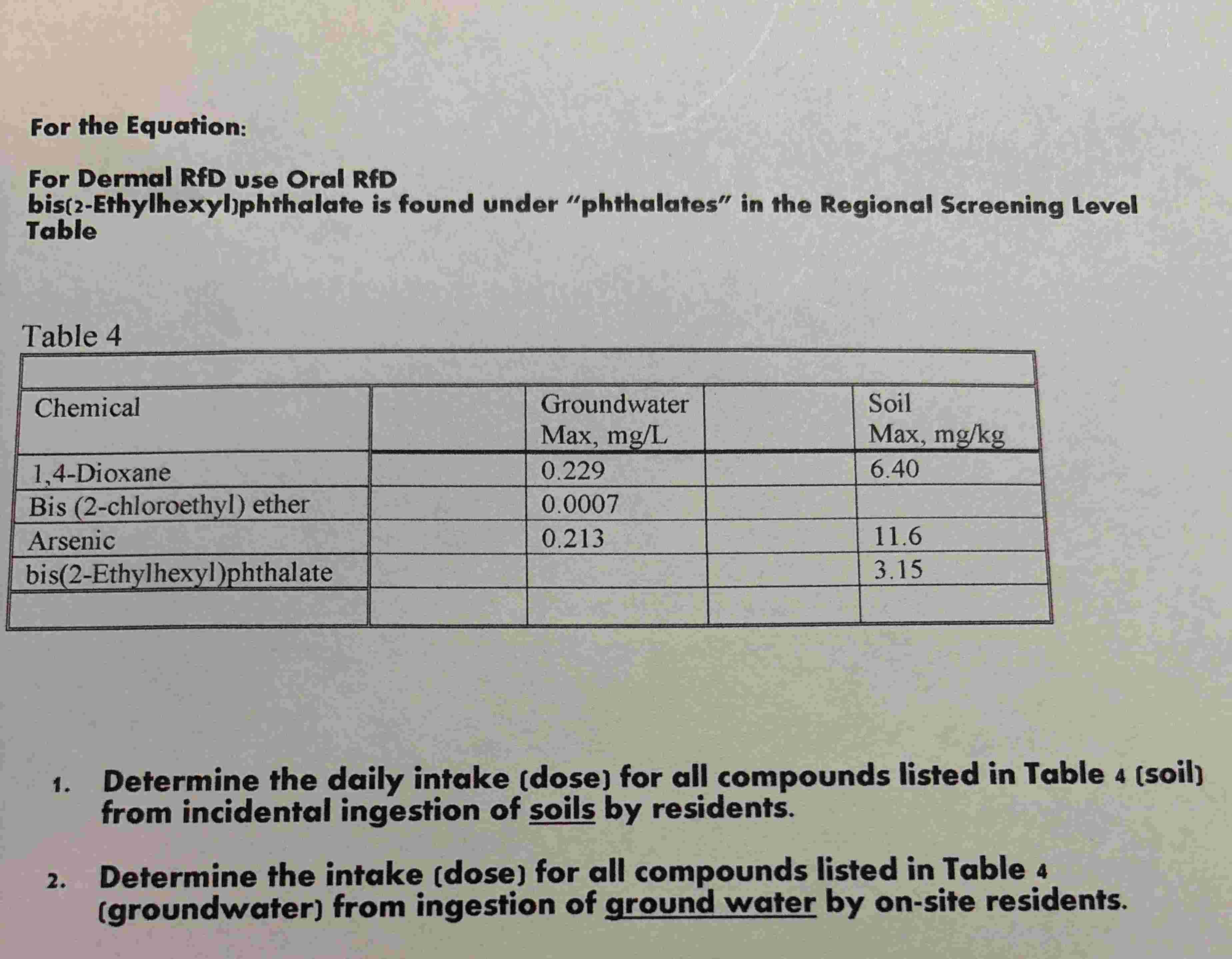 For the Equation:For Dermal RfD use Oral | Chegg.com