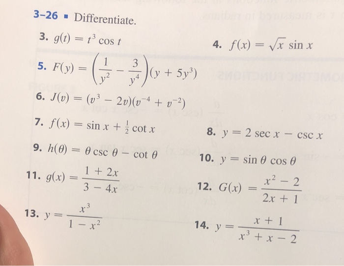 Solved 3-26 Differentiate 4. f(x)Vx sin x 3. g(t)= tcos t 1 | Chegg.com