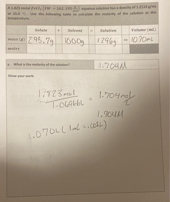 Solved A 1.823 molal FeCl3(FW=162.195maln) aqueous solution | Chegg.com