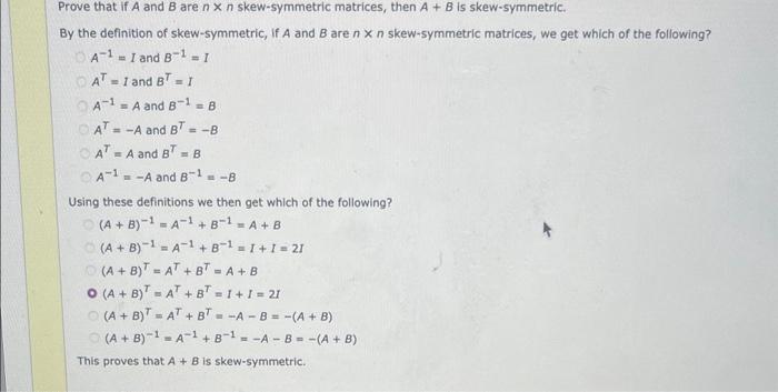 Solved Prove that if A and B are n×n skew-symmetric | Chegg.com