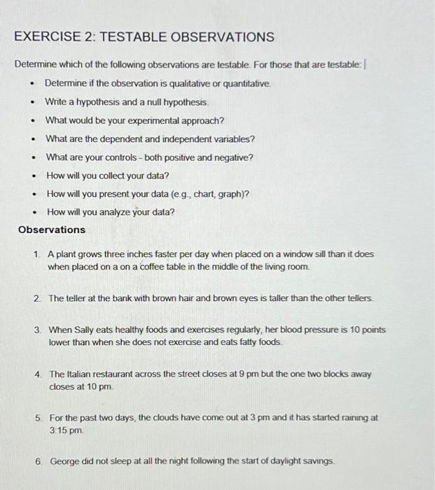 Solved EXERCISE 2: TESTABLE OBSERVATIONS Determine which of | Chegg.com