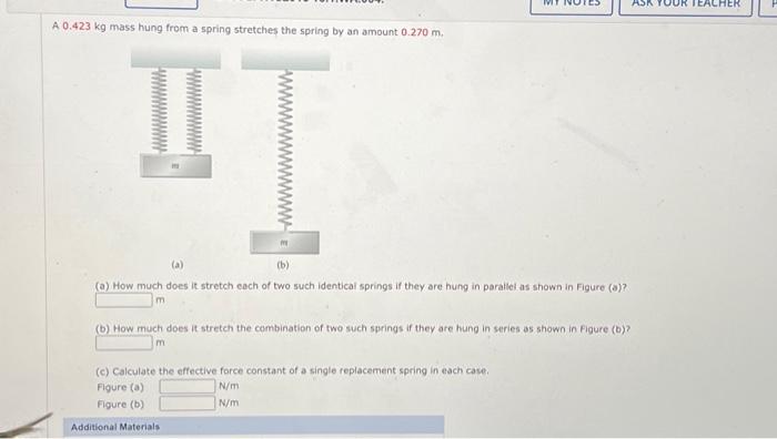 Solved A 0.423 kg mass hung from a spring stretches the | Chegg.com