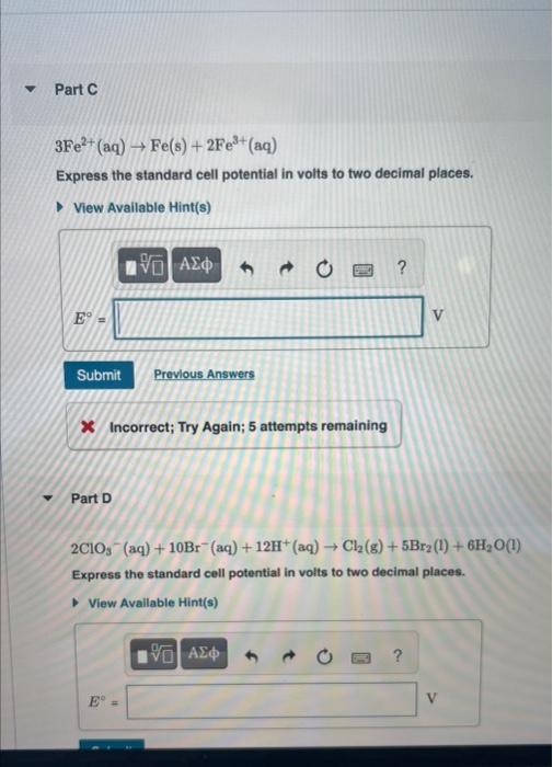Solved 3Fe2+(aq)→Fe(s)+2Fe3+(aq) Express the standard cell | Chegg.com
