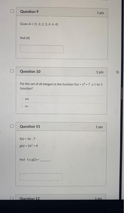 Solved Given A={1,2,2,3,4,4,4} find ∣A∣ Question 10 1 pts | Chegg.com