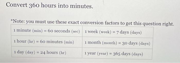 Solved Convert 360 hours into minutes. *Note: you must use | Chegg.com