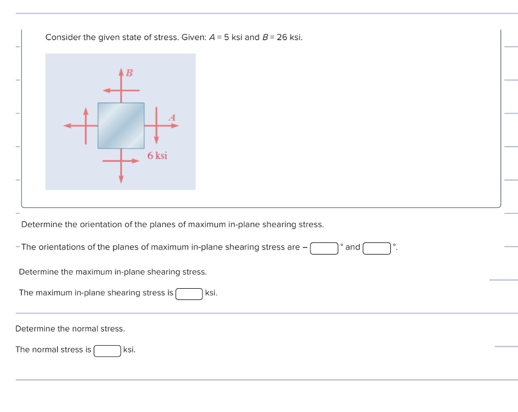 Solved Consider the given state of stress. Given: A=5ksi and | Chegg.com