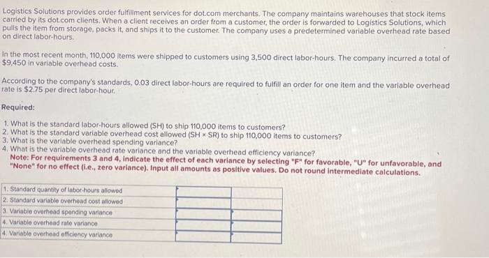 Solved Logistics Solutions provides order fulfillment | Chegg.com
