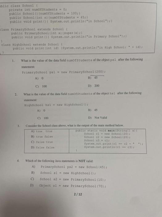 Solved blic class School i private int nunofstudents =0; | Chegg.com