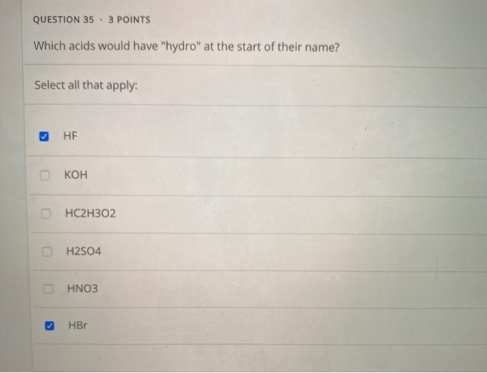 Solved QUESTION 35 3 POINTS Which acids would have "hydro" | Chegg.com