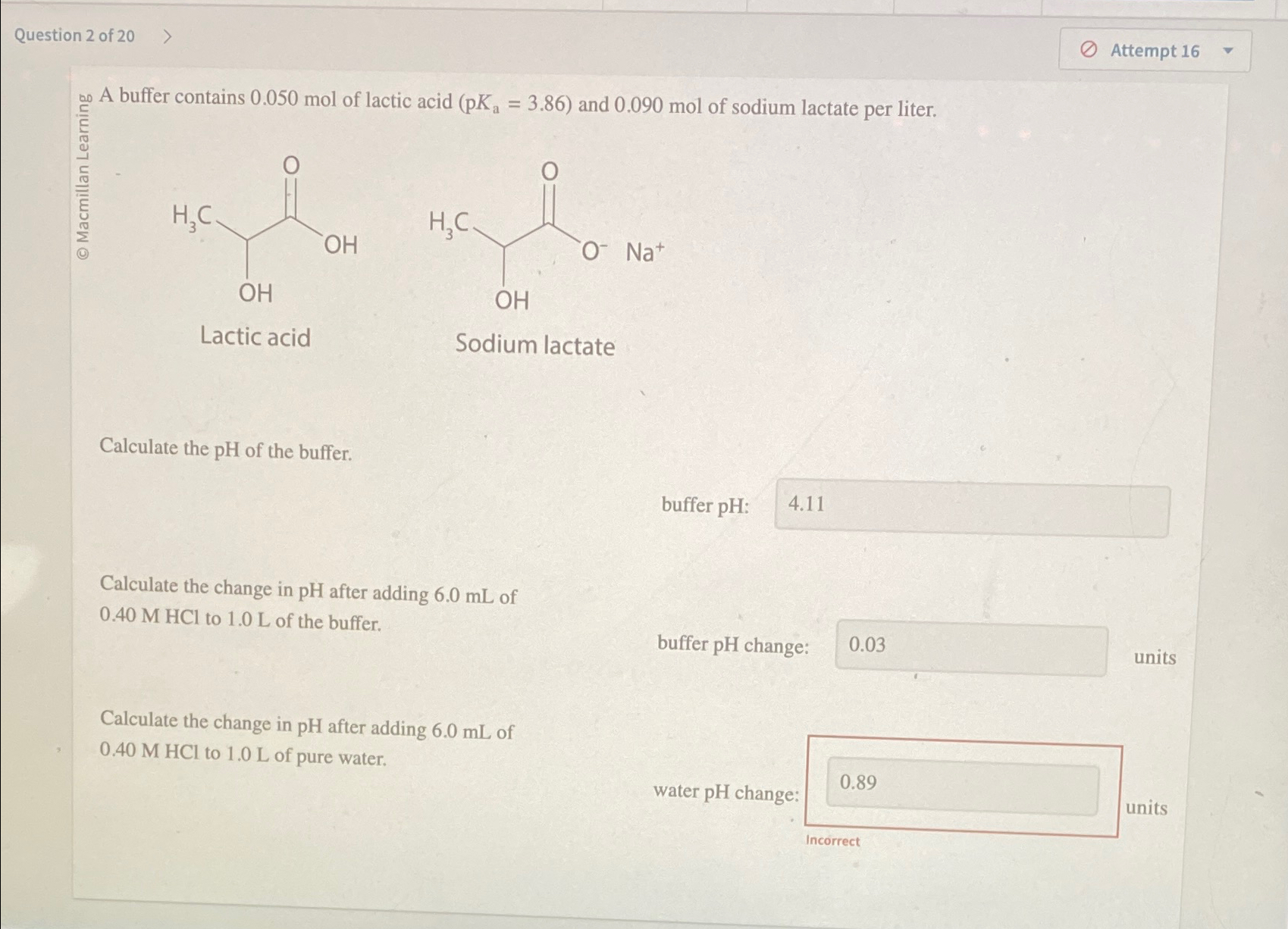 Solved Question 2 ﻿of 20A buffer contains 0.050mol of lactic | Chegg.com