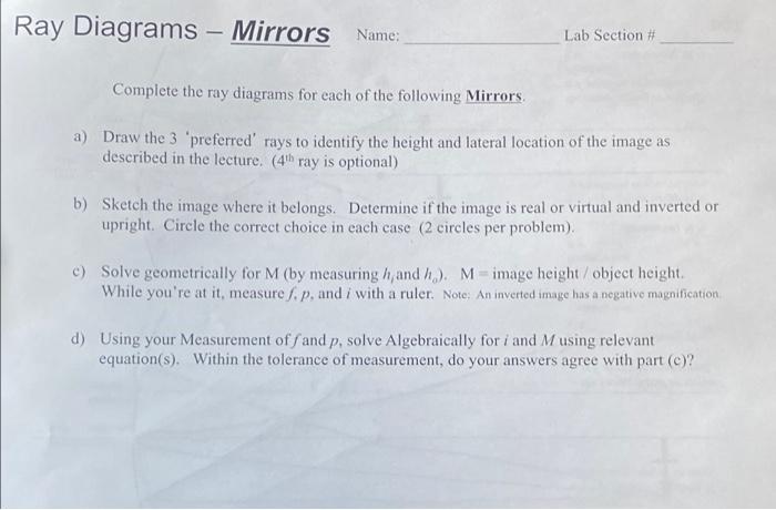 Solved Ray Diagrams - Mirrors Name: Lab Section # Complete | Chegg.com