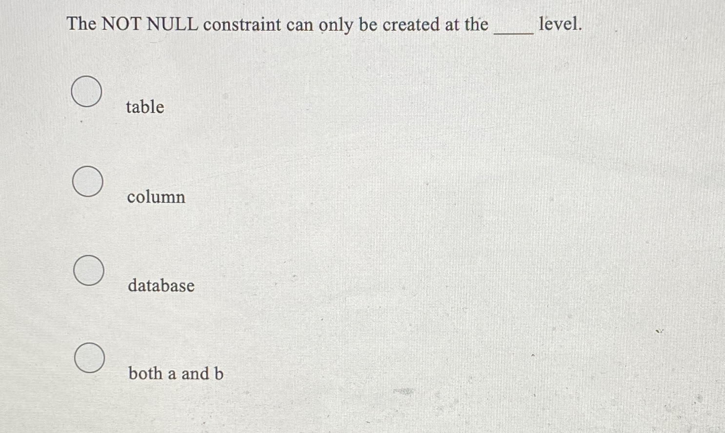 The NOT NULL constraint can only be created at the | Chegg.com