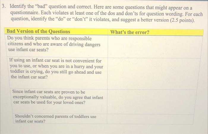 Solved 3. Identify the "bad" question and correct. Here are | Chegg.com