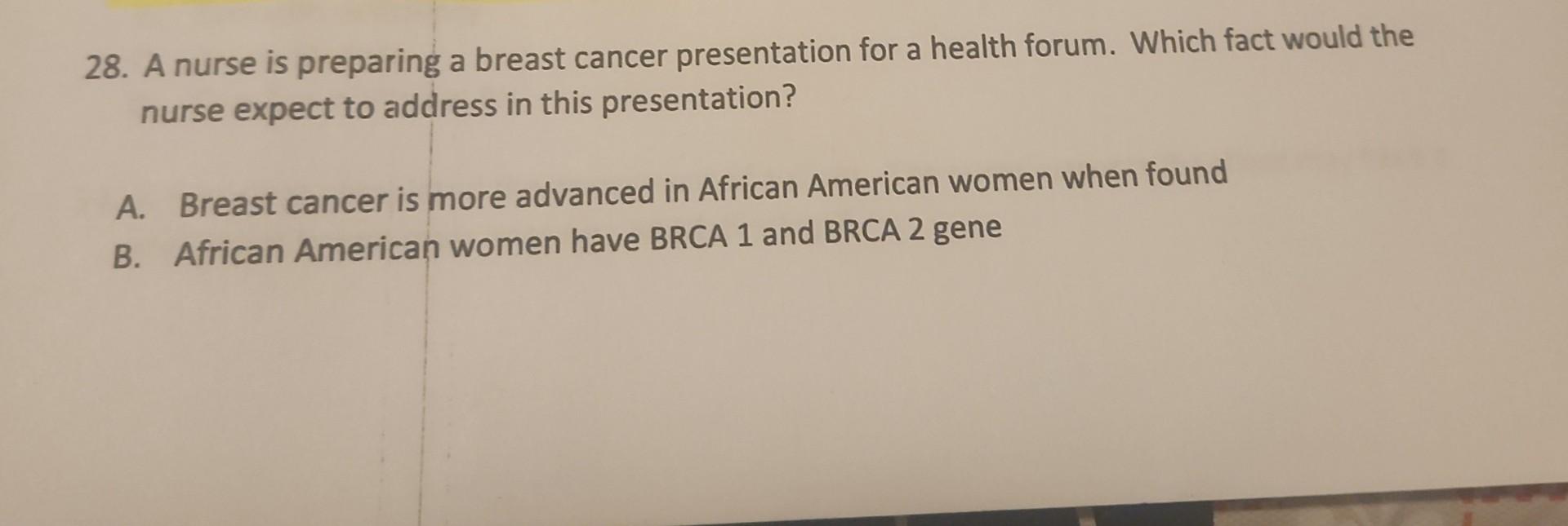 Solved A nurse is preparing a breast cancer presentation for | Chegg.com