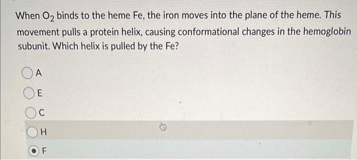 Solved When O2 binds to the heme Fe, the iron moves into the | Chegg.com