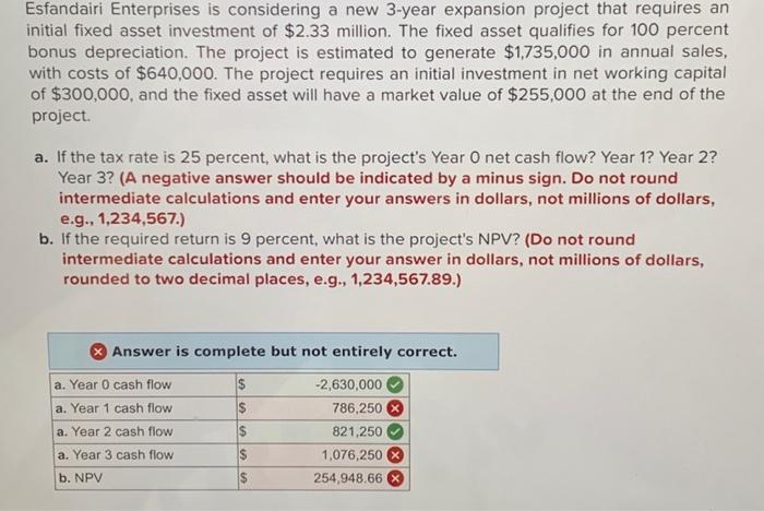 Solved Esfandairi Enterprises is considering a new 3-year | Chegg.com