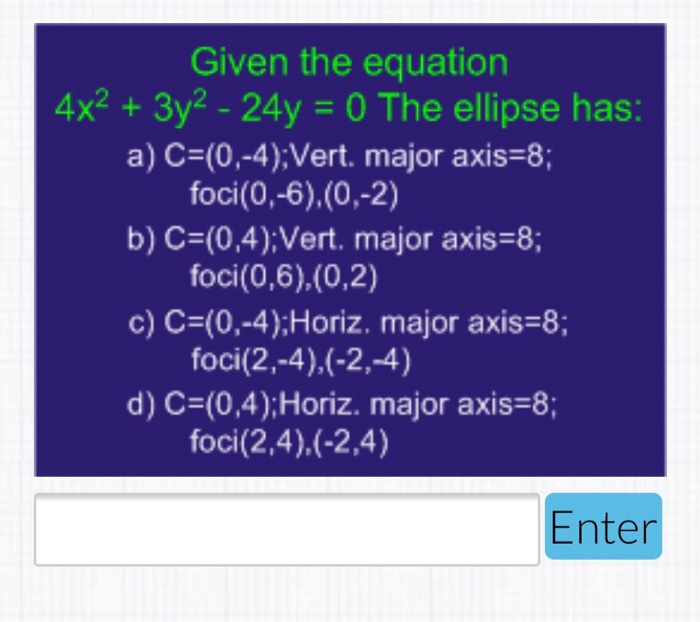 Solved Given the equation 4x2+3y2-24y= 0 The ellipse has: a) | Chegg.com