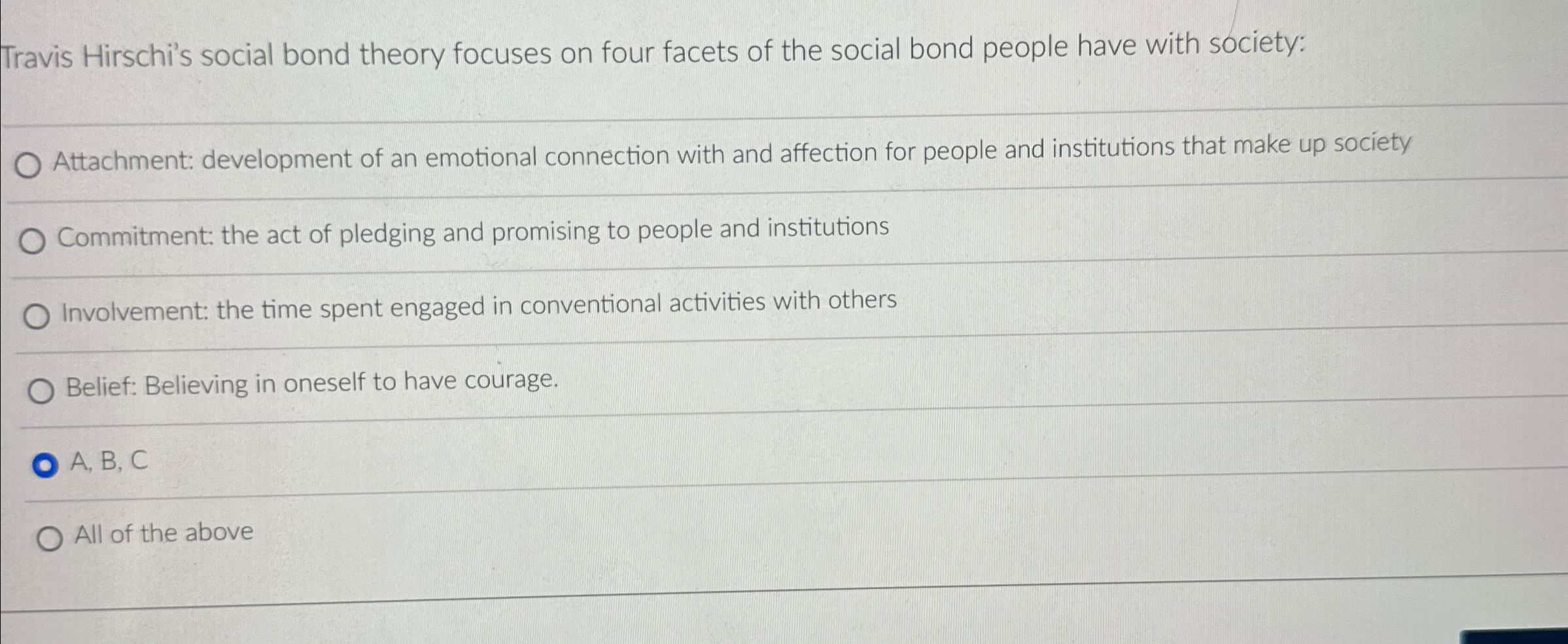 Solved Travis Hirschi's social bond theory focuses on four | Chegg.com