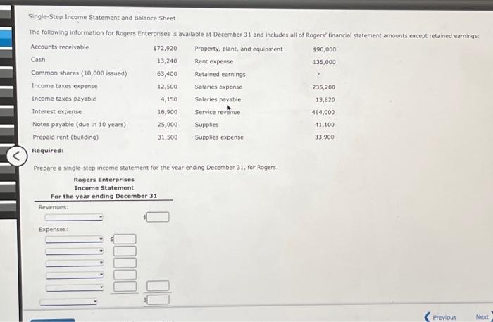 Solved Single-Step Income Statement and Balance Sheet The | Chegg.com