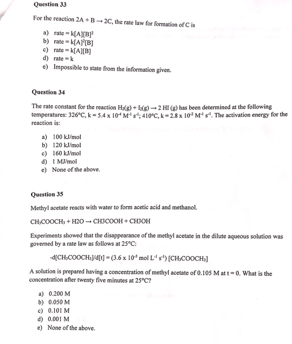 Solved Question 33 For the reaction 2A +B-2C, the rate law | Chegg.com