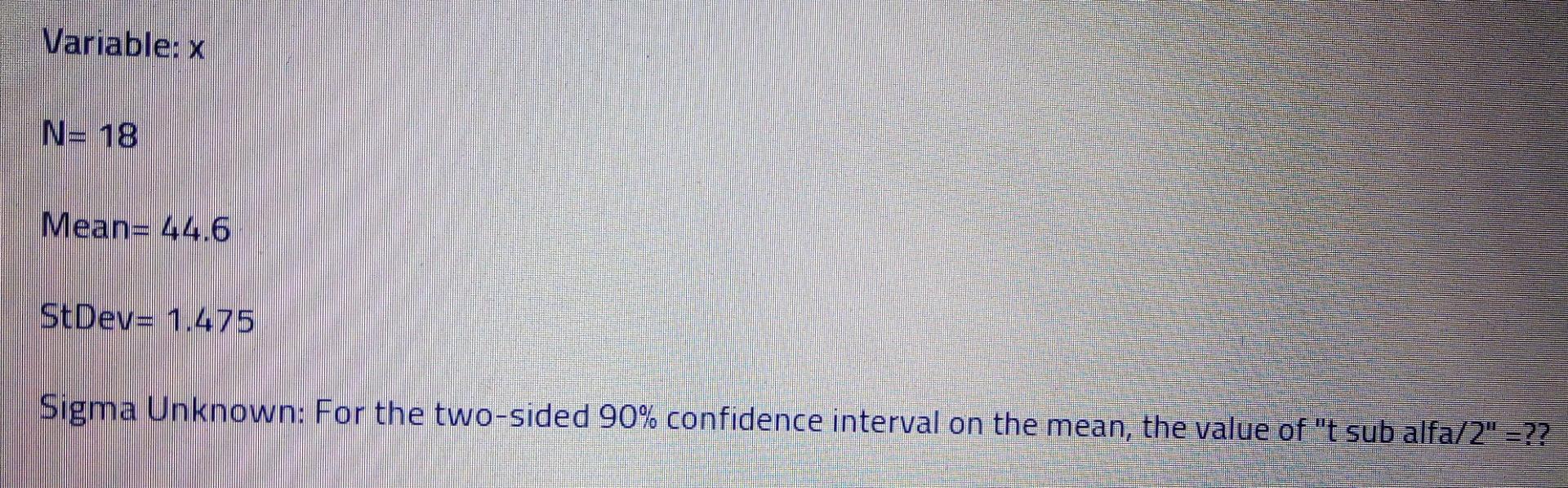 Solved Variable: x N= 18 Mean= 44.6 StDev= 1.475 Sigma | Chegg.com