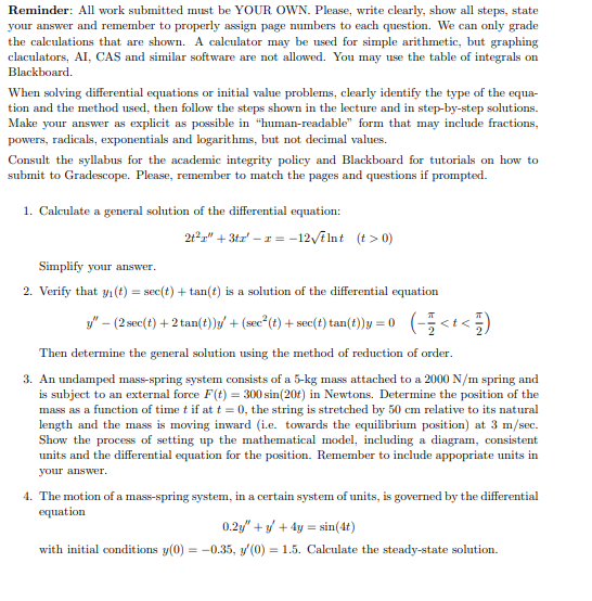 Solved Reminder: All work submitted must be YOUR OWN. | Chegg.com