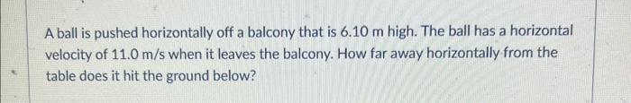 Solved A ball is pushed horizontally off a balcony that is | Chegg.com