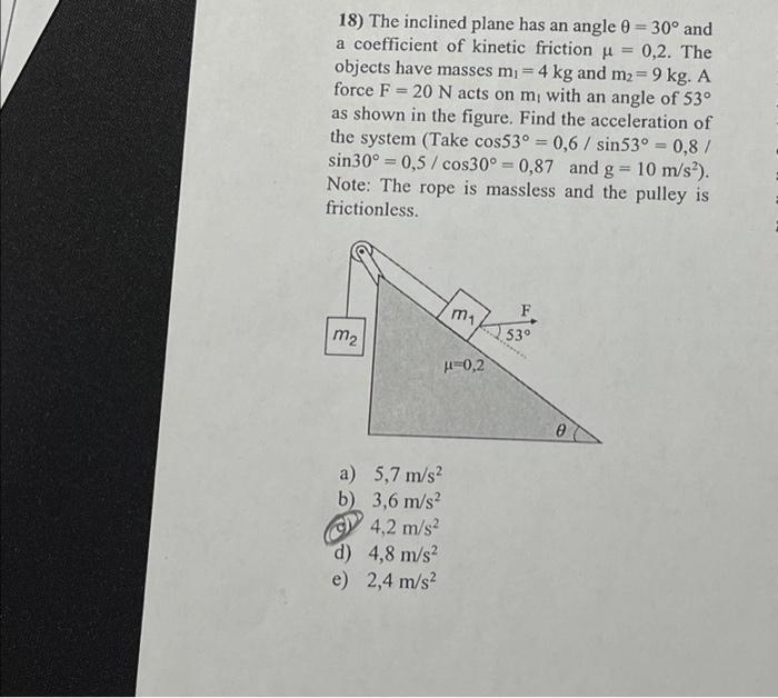 Solved 18) The inclined plane has an angle θ=30∘ and a | Chegg.com