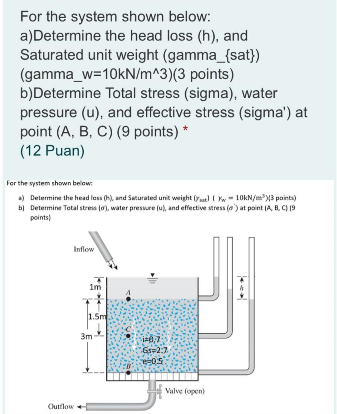 Solved For the system shown below: a)Determine the head loss | Chegg.com