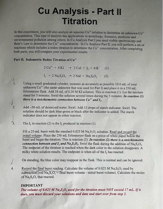 Solved Cu Analysis - Part II Titration In this experiment, | Chegg.com