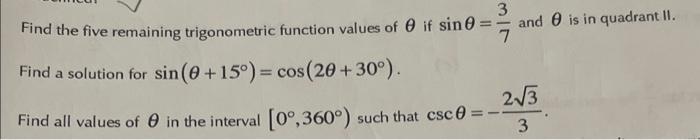 Solved Find the five remaining trigonometric function values | Chegg.com