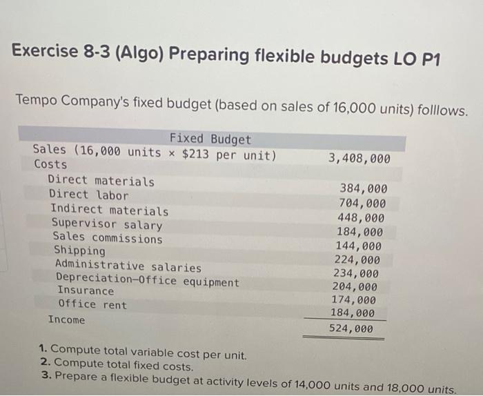 Solved Exercise 8-3 (Algo) Preparing flexible budgets LO P1 | Chegg.com