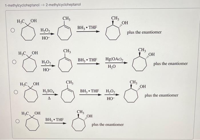 Solved BH3⋅THFHO−H2O2 Δ→H2SO4 H2OHg(OAc)2→ | Chegg.com