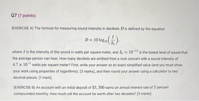 Solved (EXERCISE A) The formula for measuring sound | Chegg.com