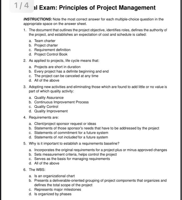 Solved 1/4 al Exam: Principles of Project Management | Chegg.com