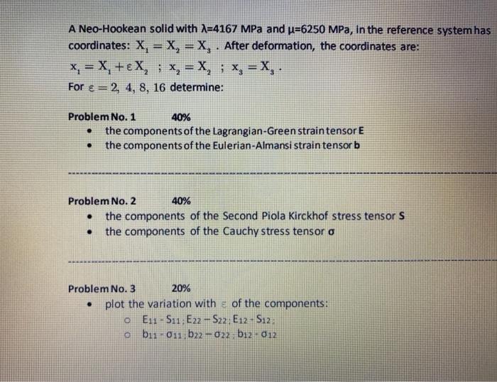 A Neo-Hookean solid with 1=4167 MPa and u=6250 MPa, | Chegg.com