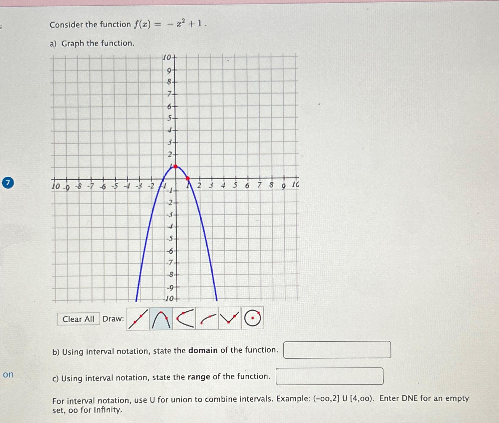 Solved Consider the function f(x)=-x2+1.a) ﻿Graph the | Chegg.com