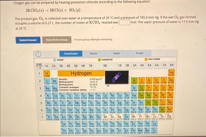 Solved 2KClO3(s)→2KCl(s)+3O2(g) The product gas, O2, is | Chegg.com
