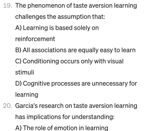 Solved The phenomenon of taste aversion learning challenges | Chegg.com