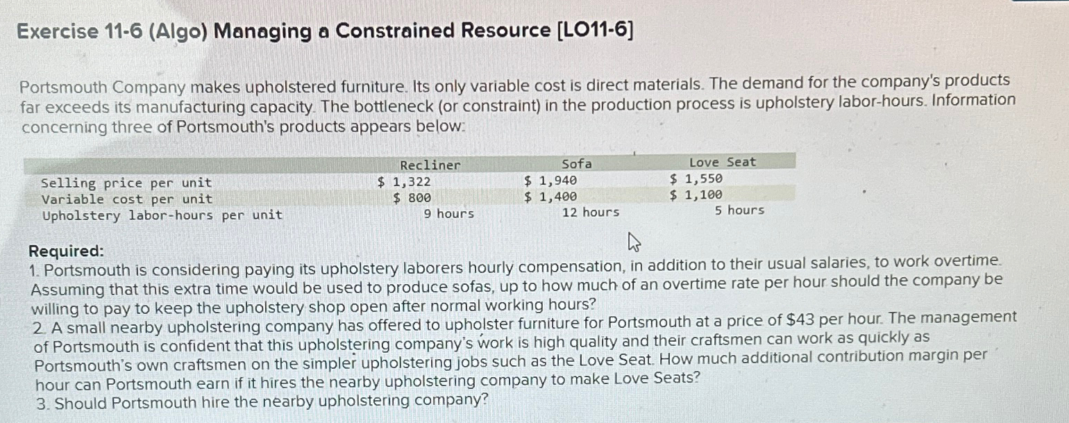 Solved Exercise 11-6 (Algo) ﻿Managing a Constrained Resource | Chegg.com