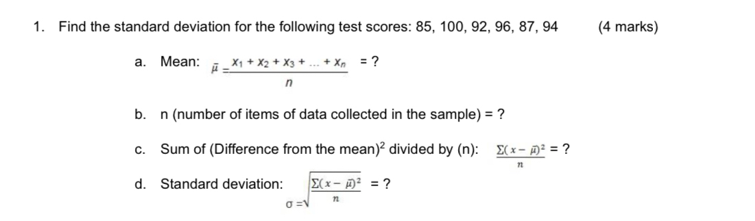 Solved Find the standard deviation for the following test | Chegg.com