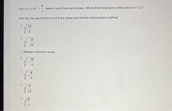 Solved Let f(x)=Ax2−xB, where A and B are real numbers. | Chegg.com